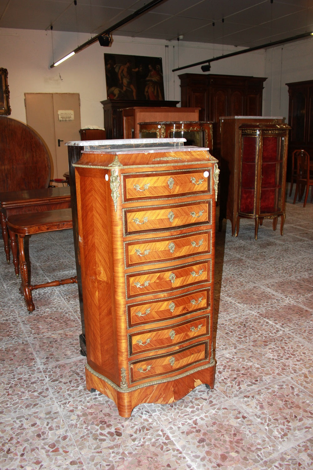 French Transition Style Semainier with Marble and Bronze Applications