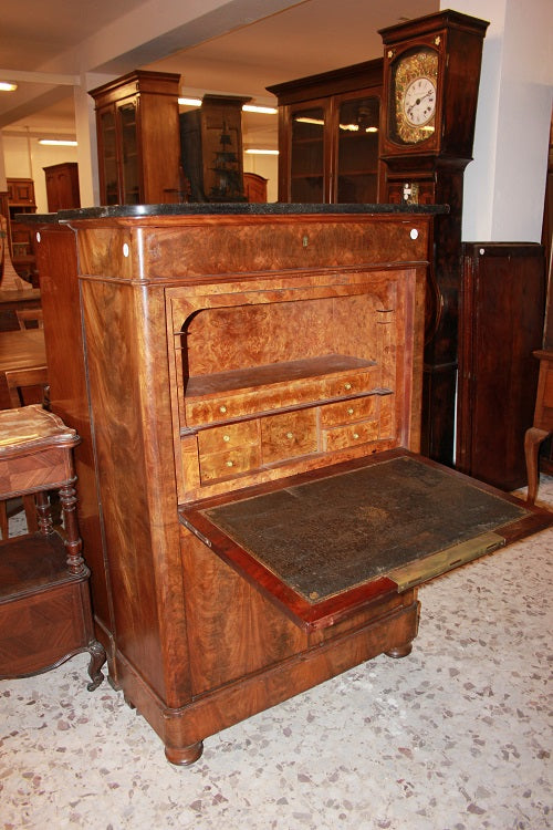 Secretaire Impero in mogano e radica di olmo XIX secolo con piano in m