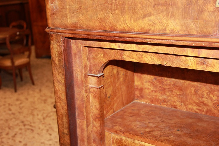 Secretaire Impero in mogano e radica di olmo XIX secolo con piano in m