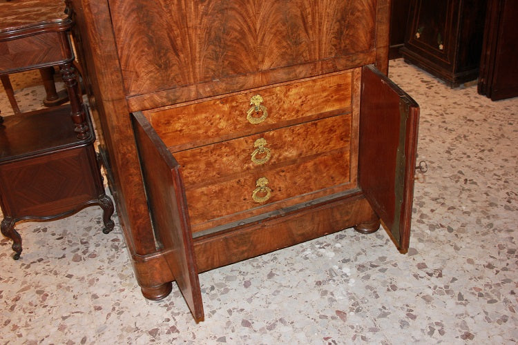 Secretaire Impero in mogano e radica di olmo XIX secolo con piano in m
