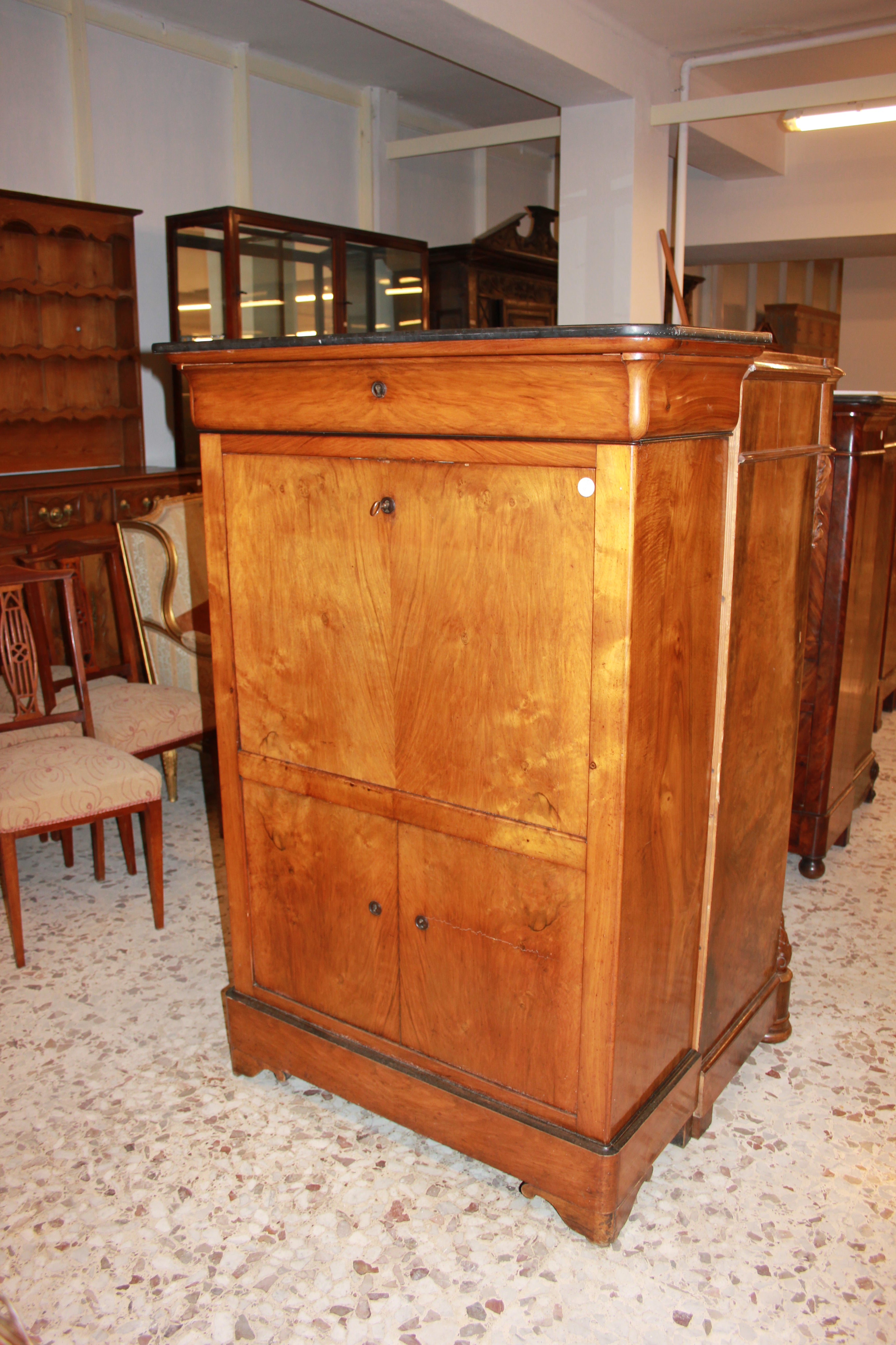 1800s Empire Style Walnut Secretary desk chest with Black Marble Franc